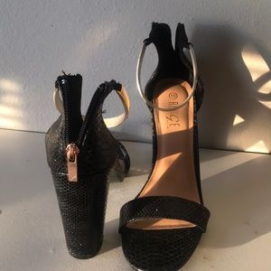 Shoes | Black Snake Print Heels With Gold Detailing | Poshmark